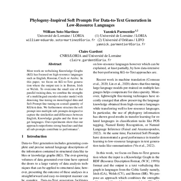 Phylogeny Inspired Soft Prompts For Data To Text Generation In Low Resource Languages Acl