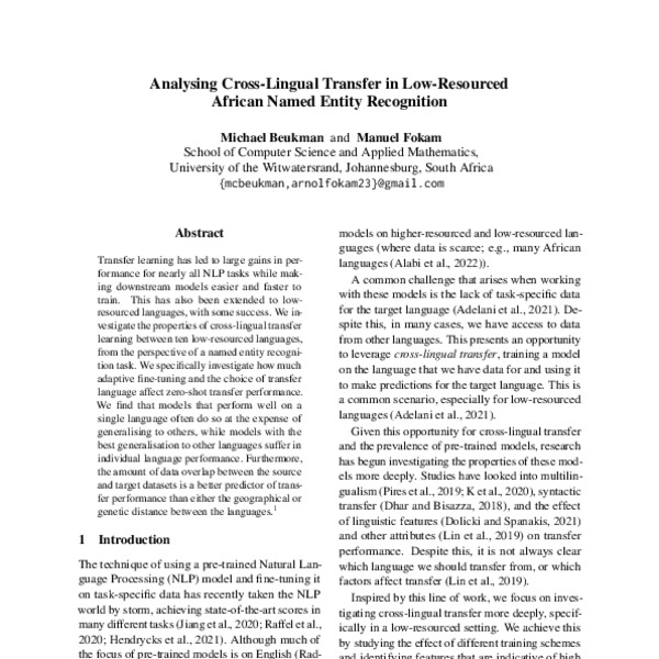 Analysing Cross Lingual Transfer In Low Resourced African Named Entity Recognition Acl Anthology 