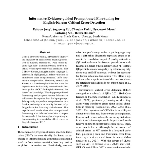 Informative Evidence-guided Prompt-based Fine-tuning for English-Korean Critical Error Detection ...