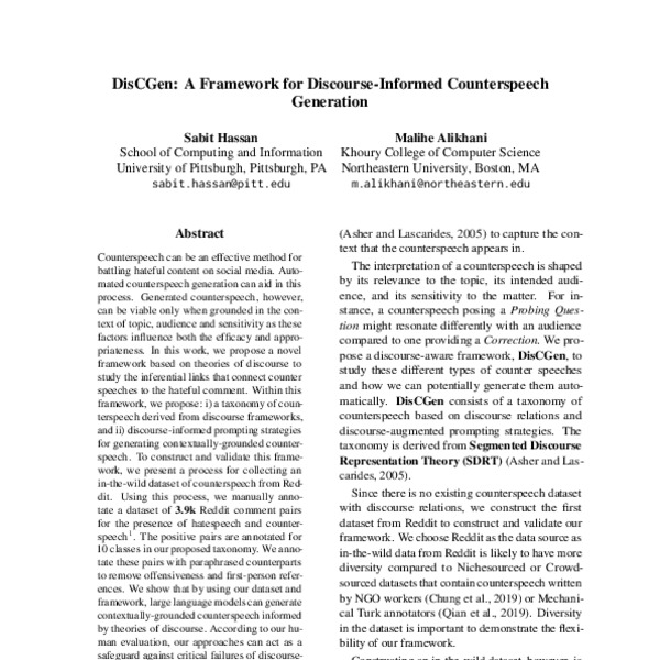DisCGen: A Framework for Discourse-Informed Counterspeech Generation - ACL Anthology