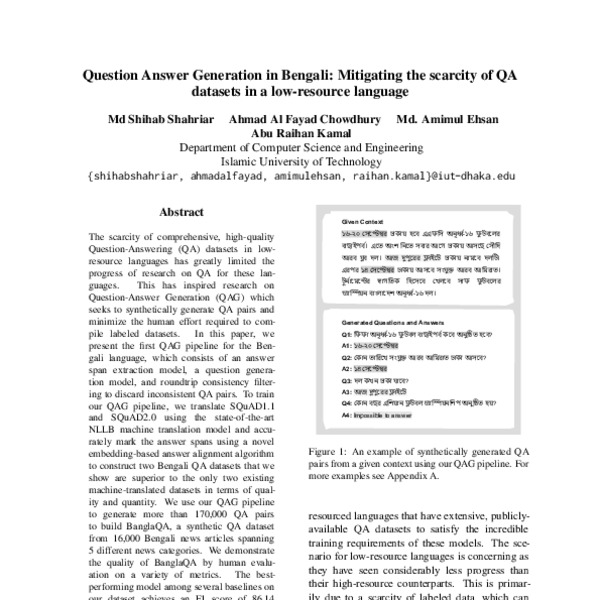 Question Answer Generation in Bengali: Mitigating the scarcity of QA datasets in a low-resource ...
