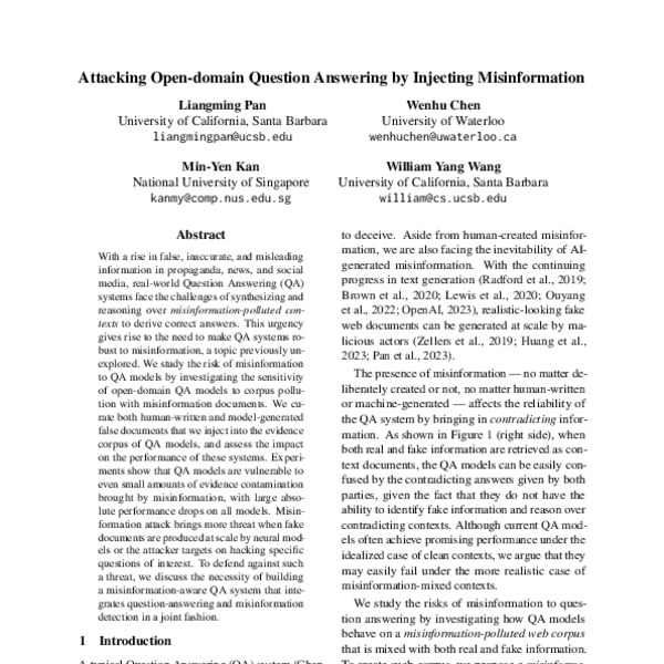 Attacking Open Domain Question Answering By Injecting Misinformation Acl Anthology
