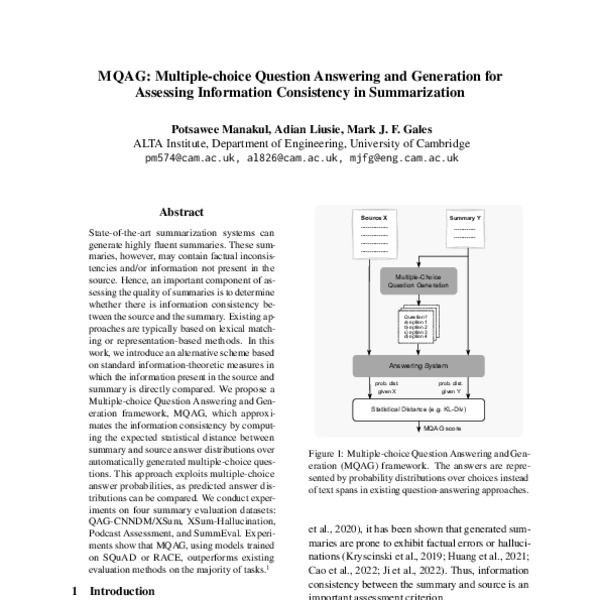 MQAG: Multiple-choice Question Answering and Generation for Assessing Information Consistency in ...