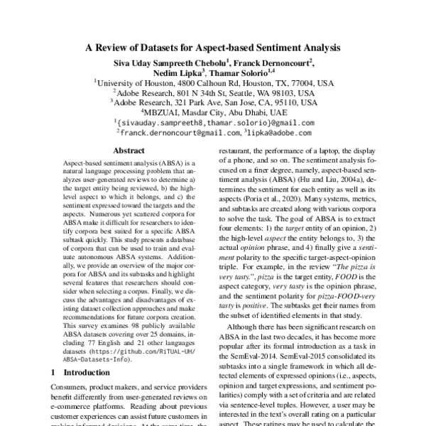 A Review Of Datasets For Aspect Based Sentiment Analysis Acl Anthology