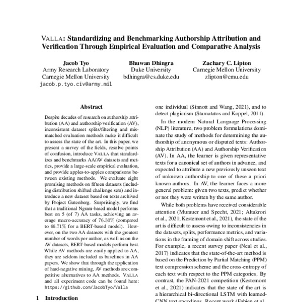 Valla: Standardizing and Benchmarking Authorship Attribution and Verification Through Empirical ...