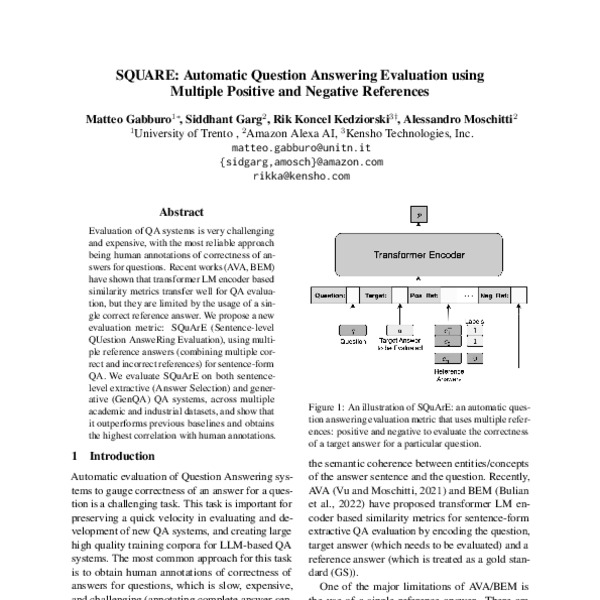SQUARE: Automatic Question Answering Evaluation using Multiple Positive and Negative References ...