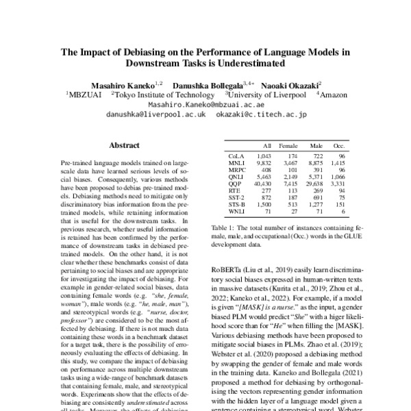 The Impact of Debiasing on the Performance of Language Models in Downstream Tasks is ...