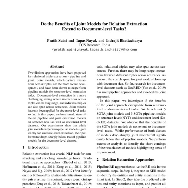 Do The Benefits Of Joint Models For Relation Extraction Extend To Document Level Tasks Acl