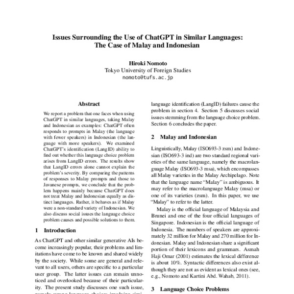 Issues Surrounding The Use Of Chatgpt In Similar Languages The Case Of Malay And Indonesian