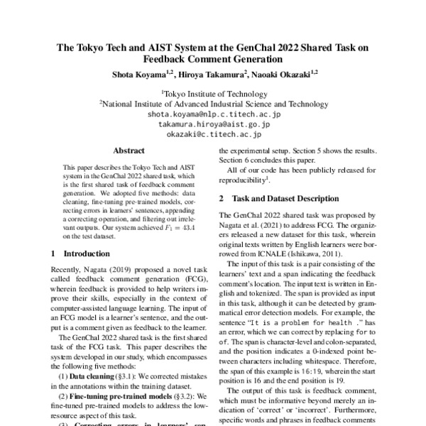 The Tokyo Tech and AIST System at the GenChal 2022 Shared Task on Feedback Comment Generation ...