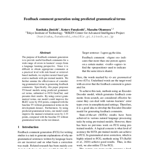 Feedback comment generation using predicted grammatical terms - ACL Anthology
