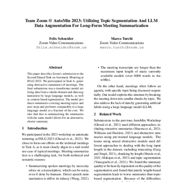 Team Zoom @ AutoMin 2023: Utilizing Topic Segmentation And LLM Data Augmentation For Long-Form ...