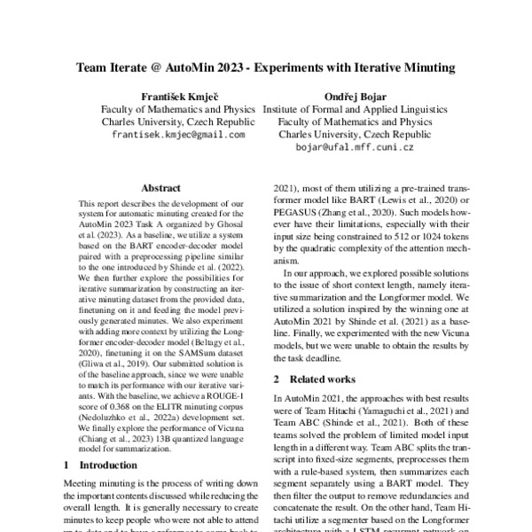 Team Iterate @ AutoMin 2023 - Experiments with Iterative Minuting - ACL Anthology