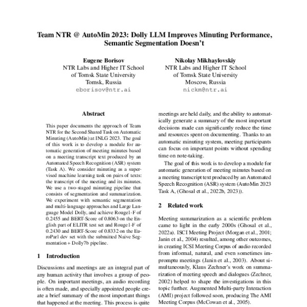 Team NTR @ AutoMin 2023: Dolly LLM Improves Minuting Performance ...