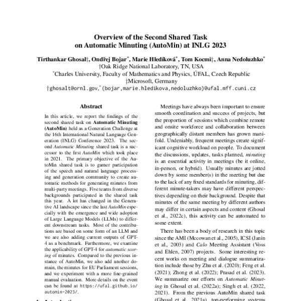 Overview of the Second Shared Task on Automatic Minuting (AutoMin) at ...