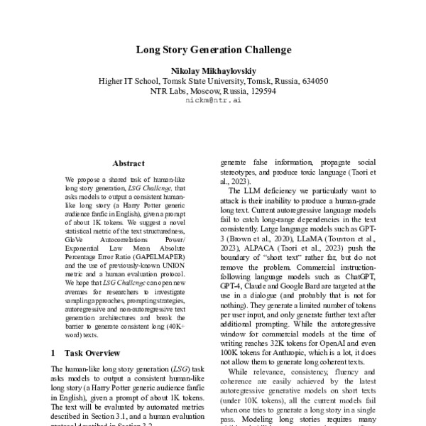Long Story Generation Challenge - ACL Anthology