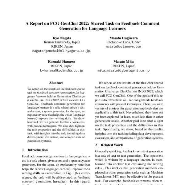 A Report on FCG GenChal 2022: Shared Task on Feedback Comment Generation for Language Learners ...