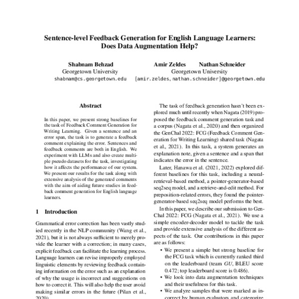 Sentence Level Feedback Generation For English Language Learners Does Data Augmentation Help