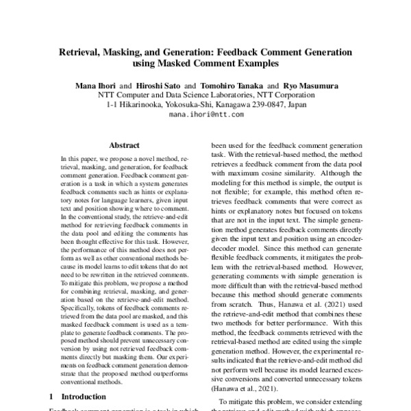 Retrieval, Masking, and Generation: Feedback Comment Generation using ...