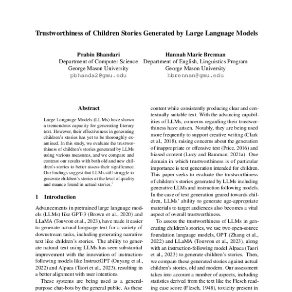 Trustworthiness of Children Stories Generated by Large Language Models - ACL Anthology