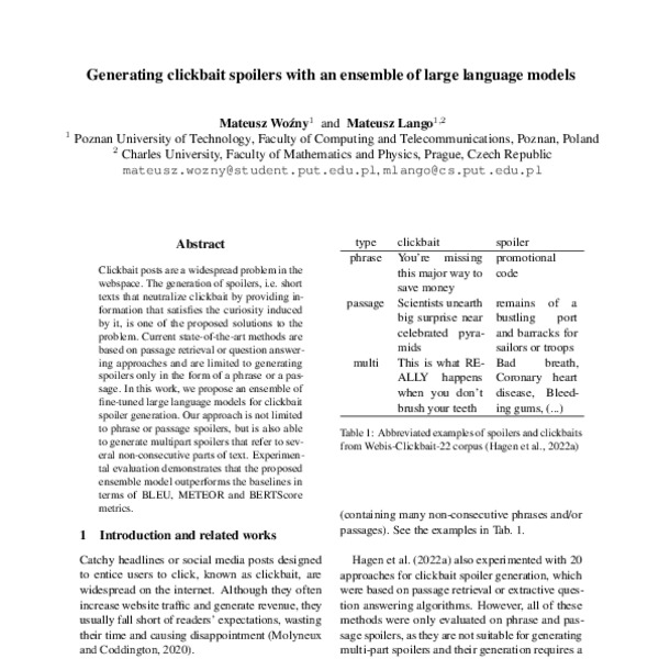 Generating clickbait spoilers with an ensemble of large language models - ACL Anthology