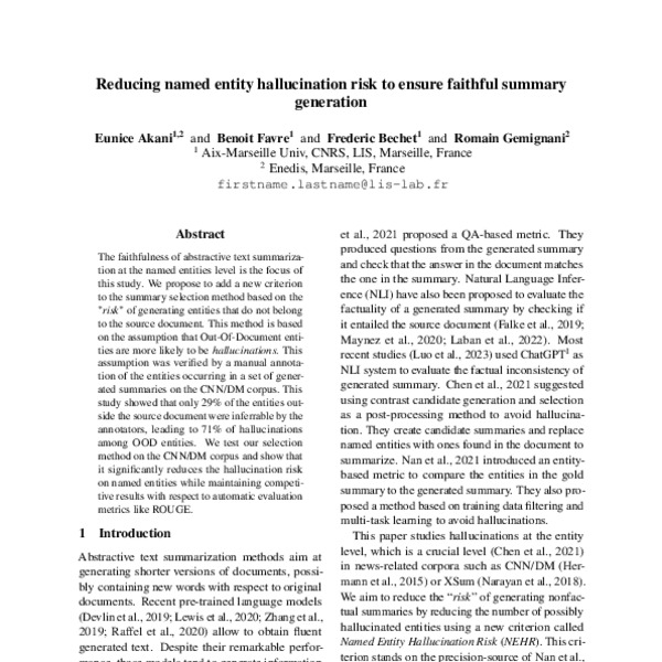 Reducing named entity hallucination risk to ensure faithful summary generation - ACL Anthology