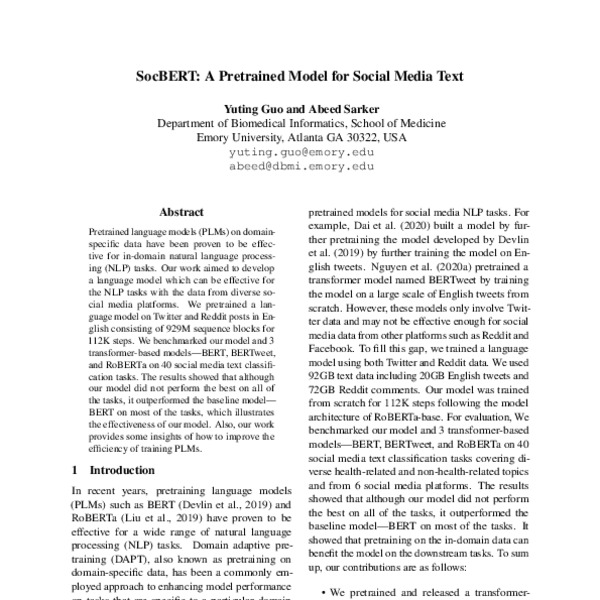SocBERT: A Pretrained Model for Social Media Text - ACL Anthology