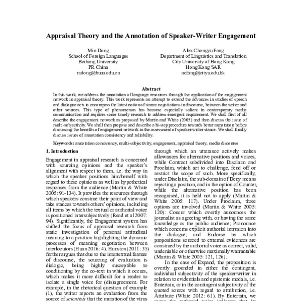 Appraisal Theory and the Annotation of Speaker-Writer Engagement - ACL ...