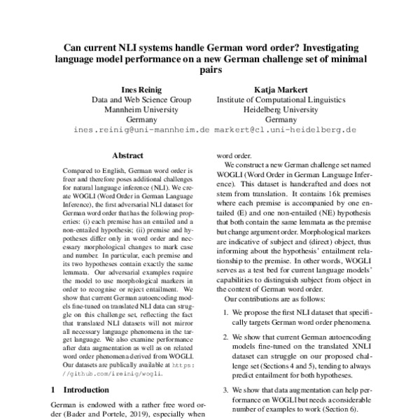 Can current NLI systems handle German word order? Investigating language model performance on a ...