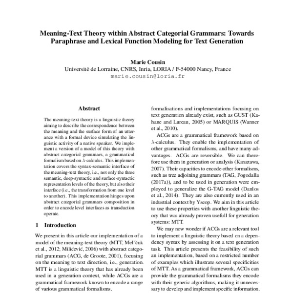 Meaning-Text Theory within Abstract Categorial Grammars: Toward Paraphrase and Lexical Function ...