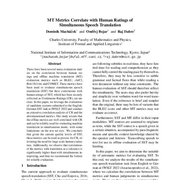 MT Metrics Correlate with Human Ratings of Simultaneous Speech Translation - ACL Anthology