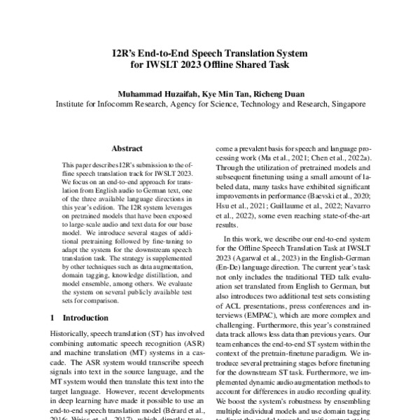 I2R’s End-to-End Speech Translation System for IWSLT 2023 Offline Shared Task - ACL Anthology