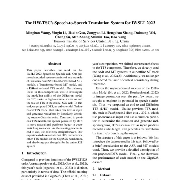 The HW-TSC’s Speech-to-Speech Translation System for IWSLT 2023 - ACL Anthology