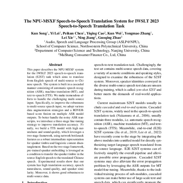 The NPU-MSXF Speech-to-Speech Translation System for IWSLT 2023 Speech ...