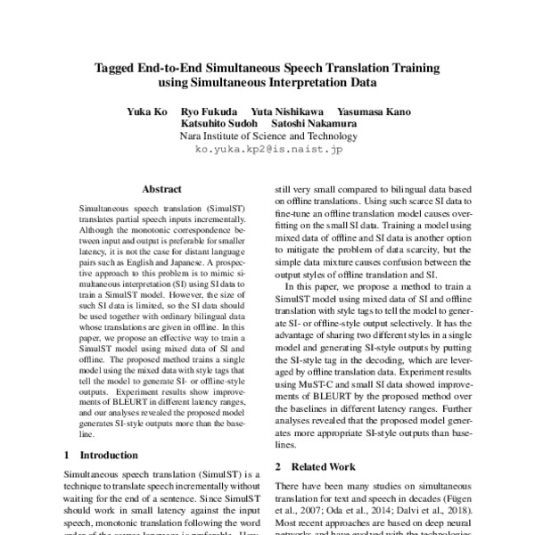 Tagged End-to-End Simultaneous Speech Translation Training Using Simultaneous Interpretation ...