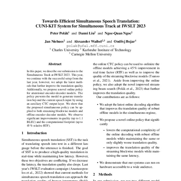 Towards Efficient Simultaneous Speech Translation: CUNI-KIT System for Simultaneous Track at ...