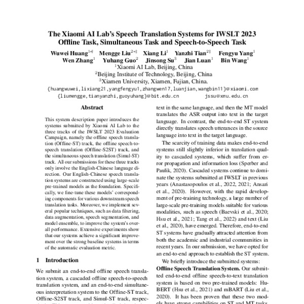 The Xiaomi AI Lab’s Speech Translation Systems for IWSLT 2023 Offline Task, Simultaneous Task ...