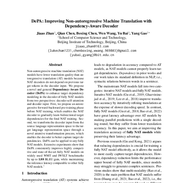 DePA: Improving Non-autoregressive Translation with Dependency-Aware Decoder - ACL Anthology