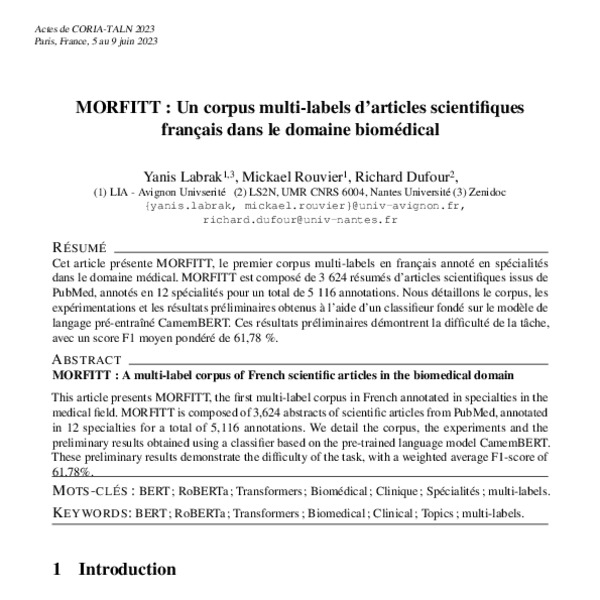 MORFITT : Un corpus multi-labels d’articles scientifiques français dans ...