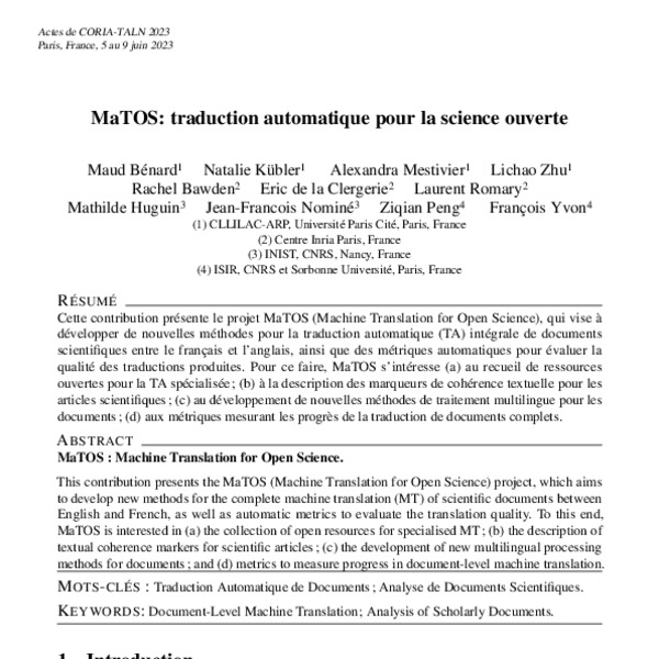 MaTOS: Traduction automatique pour la science ouverte - ACL Anthology