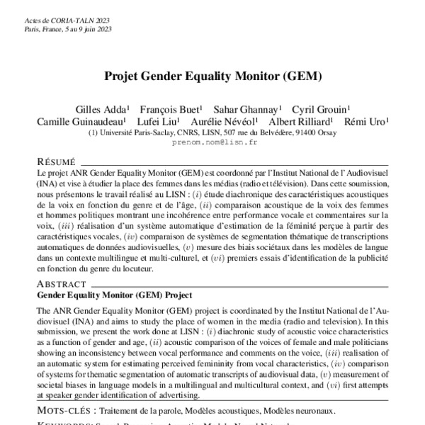 Projet Gender Equality Monitor (GEM) - ACL Anthology