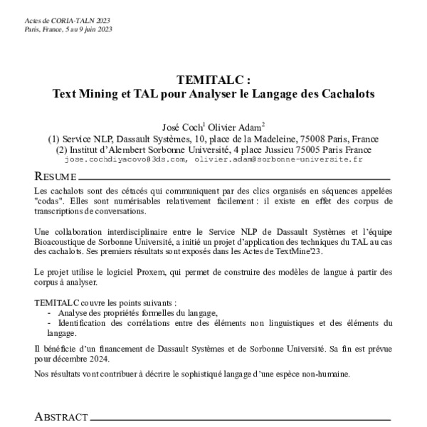 TEMITALC : Text Mining et TAL pour Analyser le Langage des Cachalots - ACL Anthology