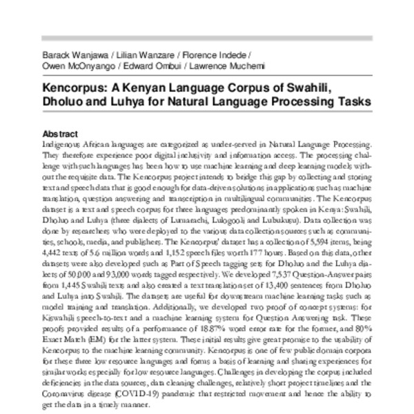 Kencorpus: A Kenyan Language Corpus of Swahili, Dholuo and Luhya for ...