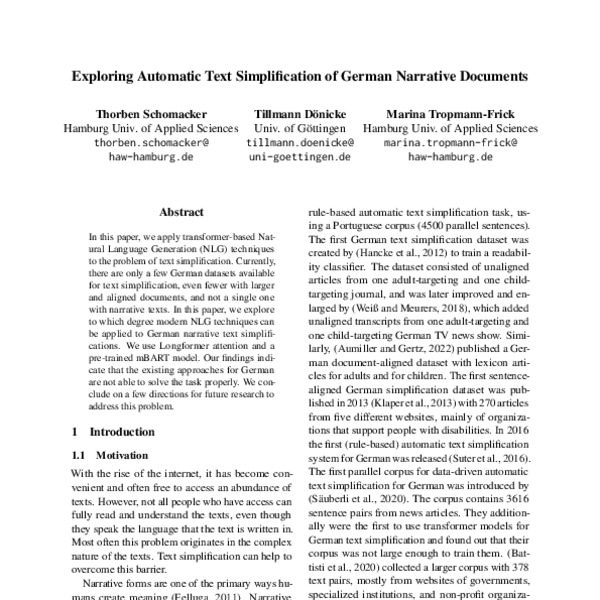 Exploring Automatic Text Simplification of German Narrative Documents - ACL Anthology
