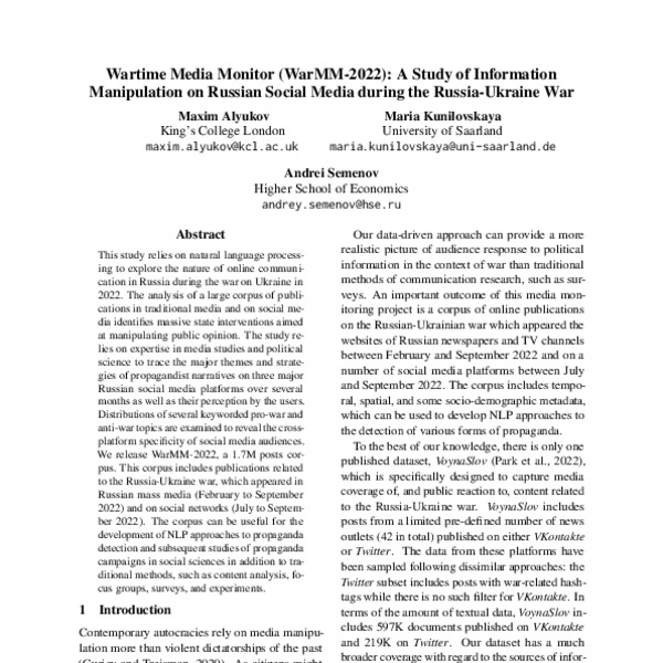 Wartime Media Monitor (WarMM-2022): A Study of Information Manipulation ...