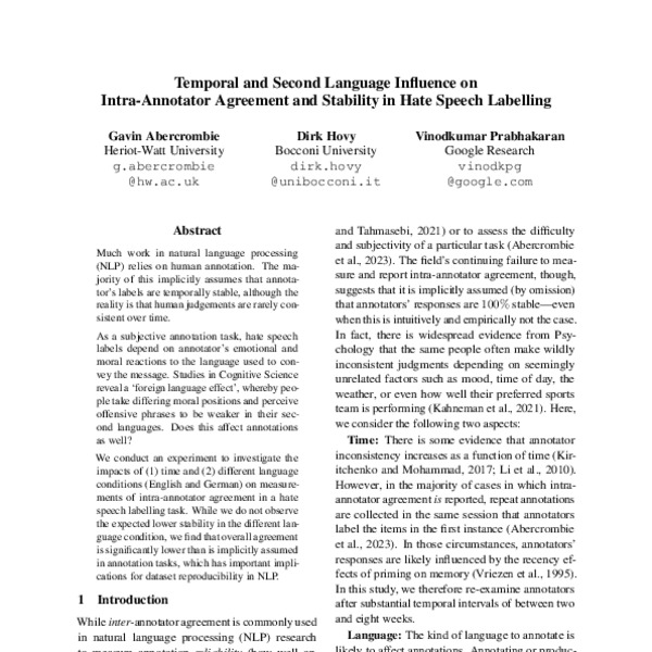 Temporal and Second Language Influence on Intra-Annotator Agreement and Stability in Hate Speech ...