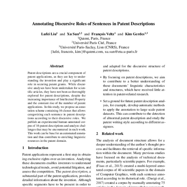 Annotating Discursive Roles of Sentences in Patent Descriptions - ACL ...