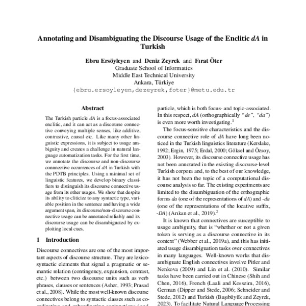 Annotating and Disambiguating the Discourse Usage of the Enclitic dA in Turkish - ACL Anthology