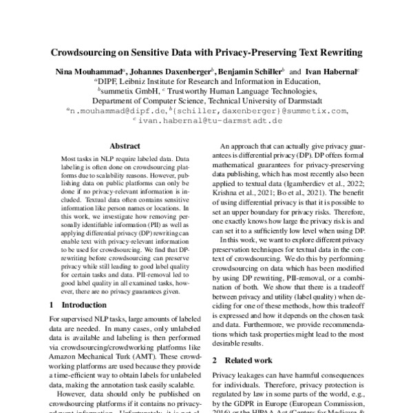 Crowdsourcing on Sensitive Data with Privacy-Preserving Text Rewriting ...