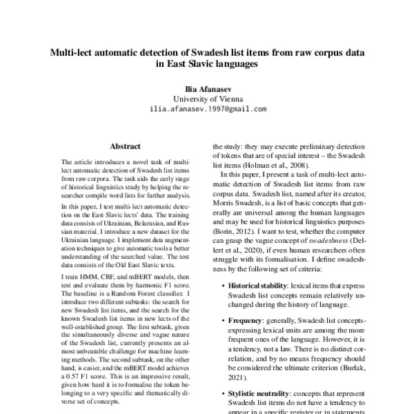 Multi-lect automatic detection of Swadesh list items from raw corpus data in East Slavic ...